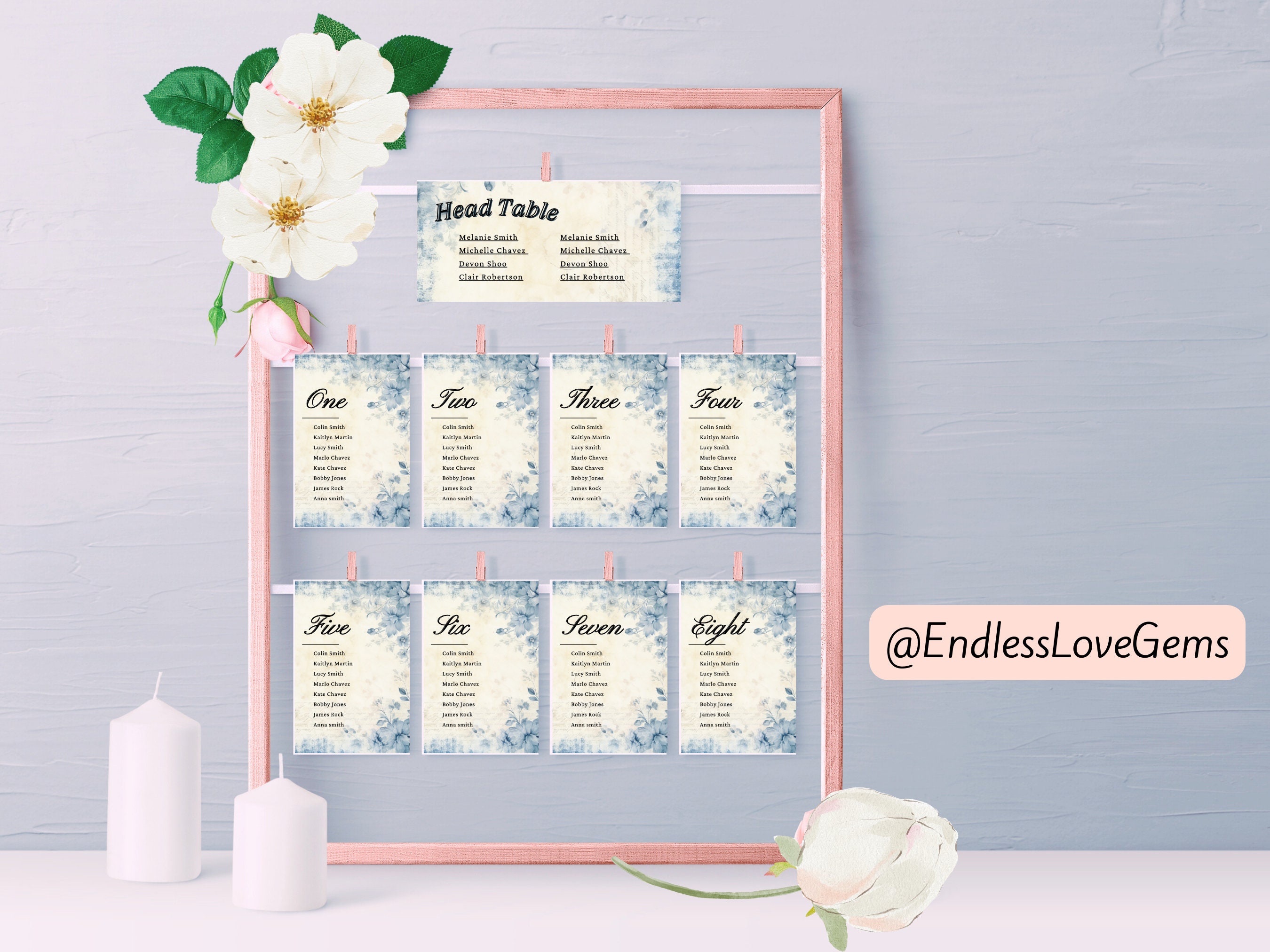 Hanging Seating Chart, Dusty Blue Seating Cards, Head Table Wedding ...