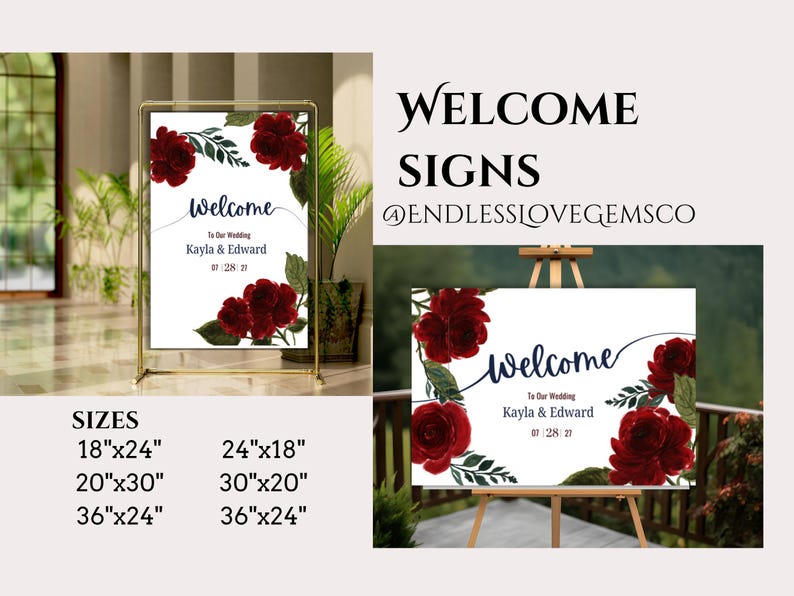 Burgundy Rose Wedding Signage Kit, Editable Canva Templates - Etsy