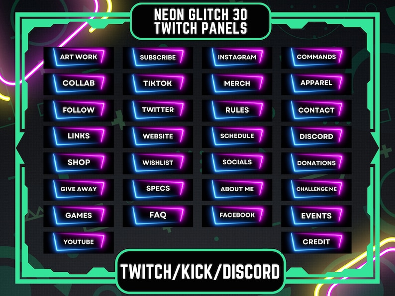 Neon Glitch Overlay Pack: Pre-made Twitch Streamlabs OBS Overlay With Animated Screens and ...