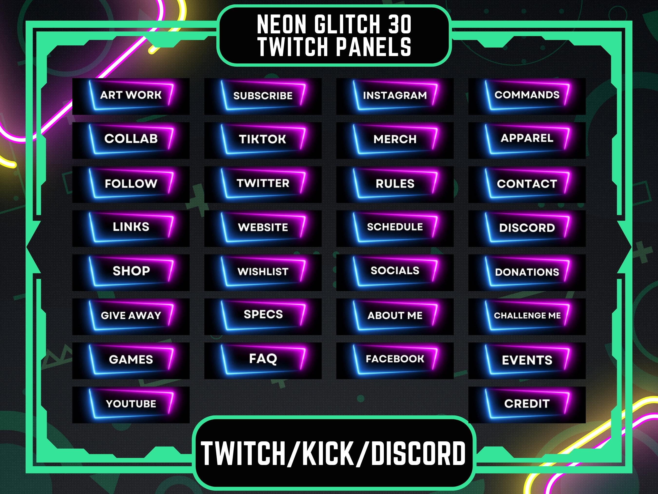 Neon Glitch Overlay Pack: Pre-made Twitch Streamlabs OBS Overlay With ...