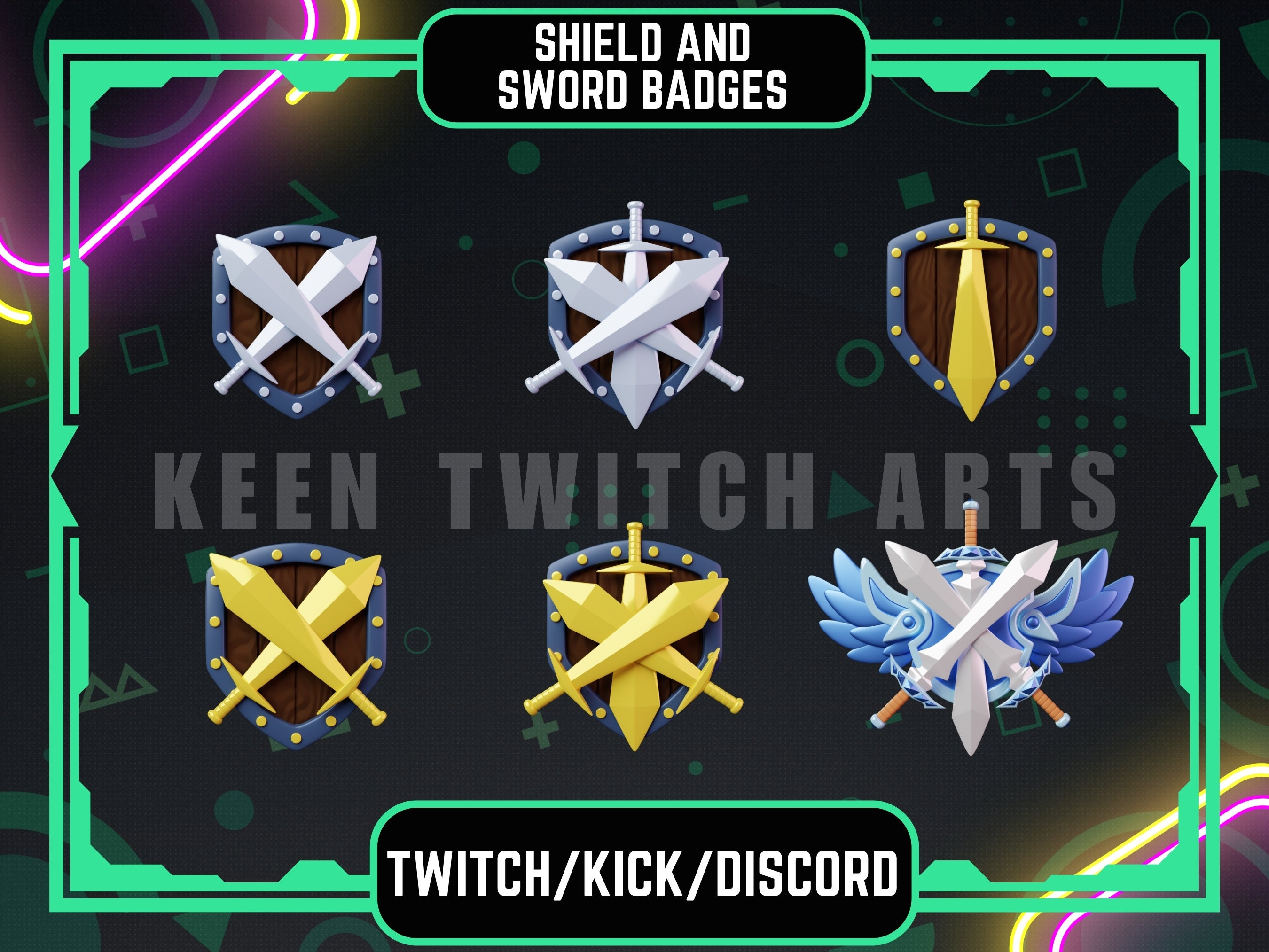 Shield and Sword Twitch Sub Badges: Kawaii Armor Loyalty Badges - Etsy