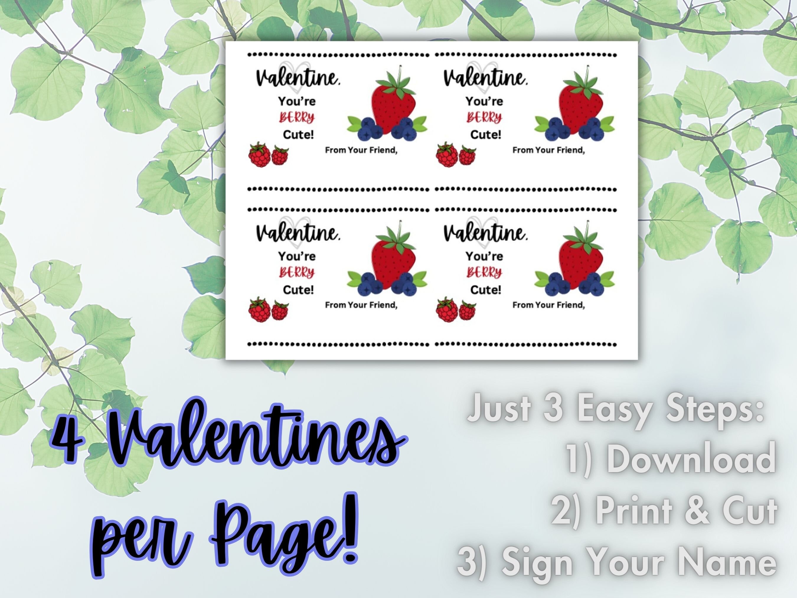 Kids Unique Instant Printable Classroom Berry Valentine Cards - Etsy