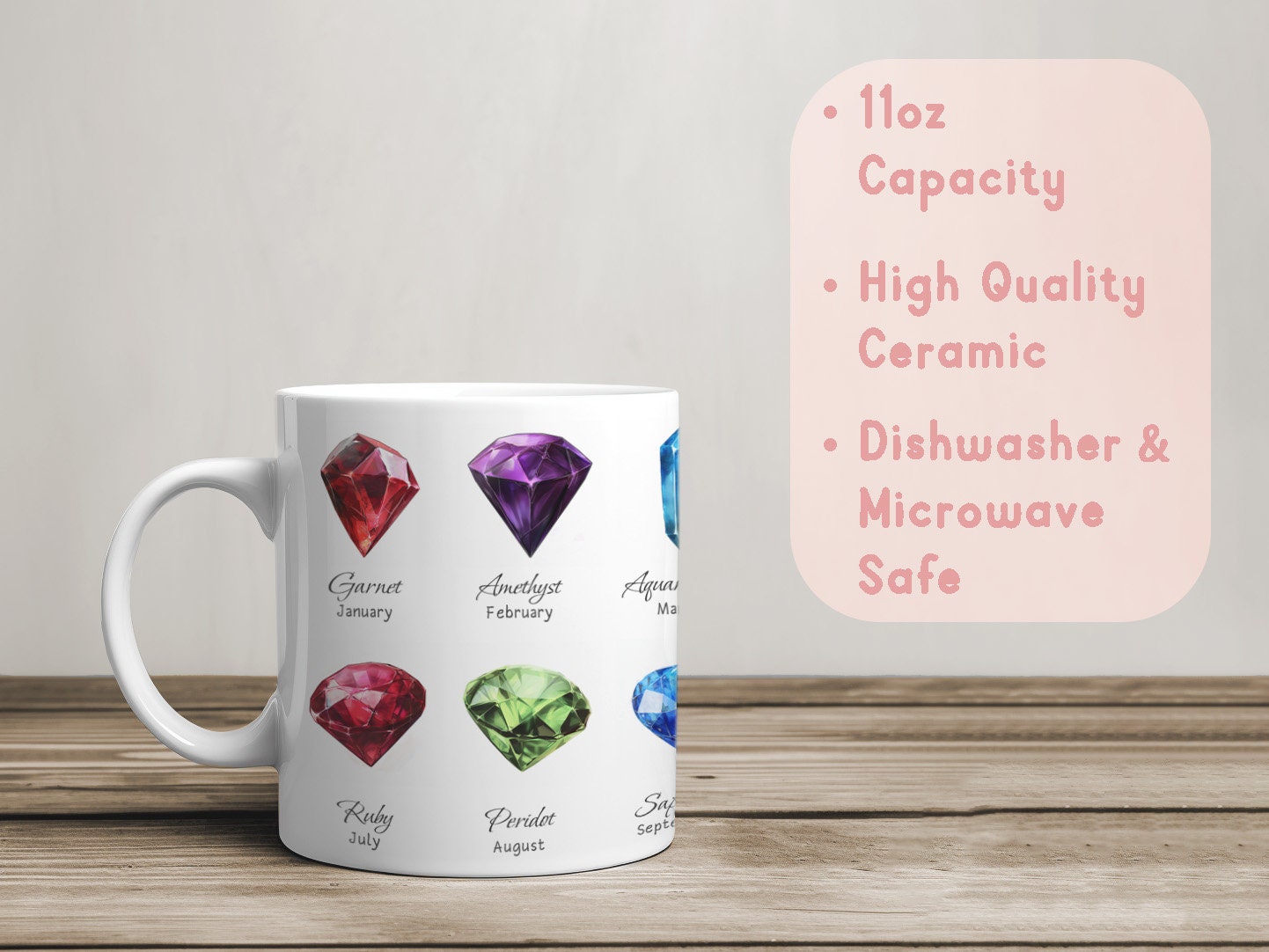 Birthstone and Month Mug, Mug Gift, Birth Gift, Gems, Coffee Cup ...
