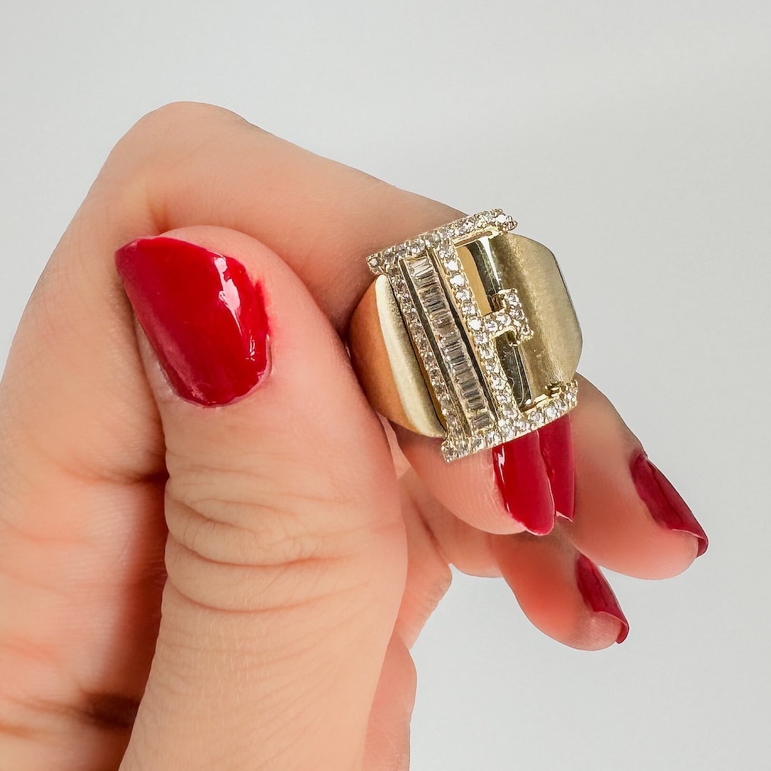 14k Solid Gold İnitial Diamond Ring, Handmade Gold Letter Ring, Personalized Ring, Custom Name ...