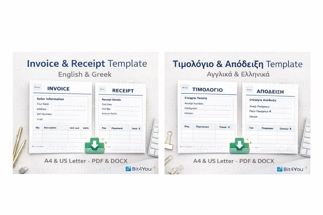 Invoice and Receipt Template | English Greek | Editable PDF DOCX | A4 ...