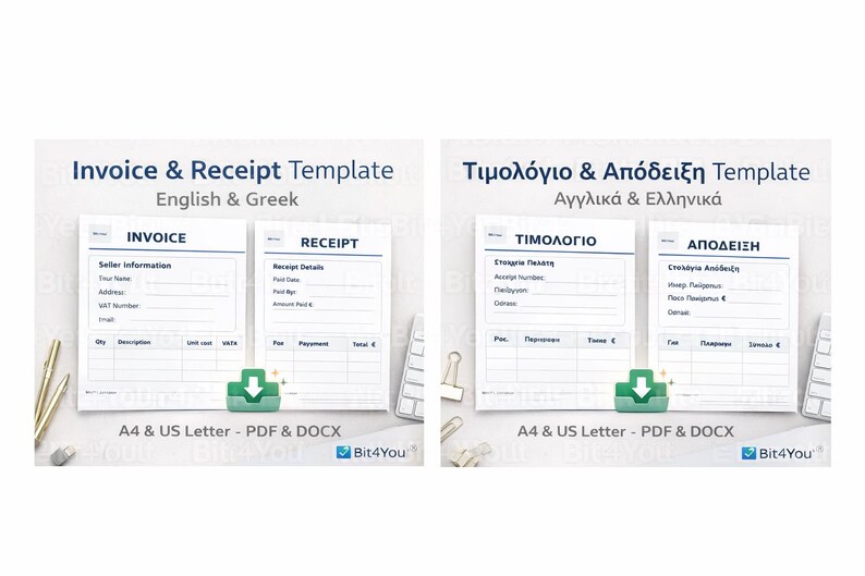 Invoice and Receipt Template | English Greek | Editable PDF DOCX | A4 ...