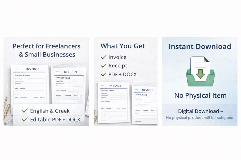 Invoice and Receipt Template | English Greek | Editable PDF DOCX | A4 ...