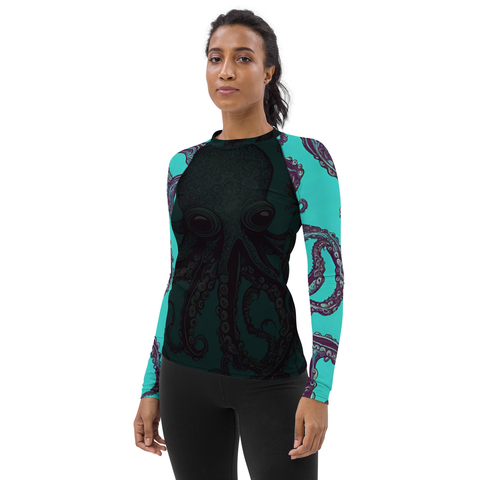 Black Rash Guard, Octopus Rash Guard, Women's Rash Guard, Swim Top ...