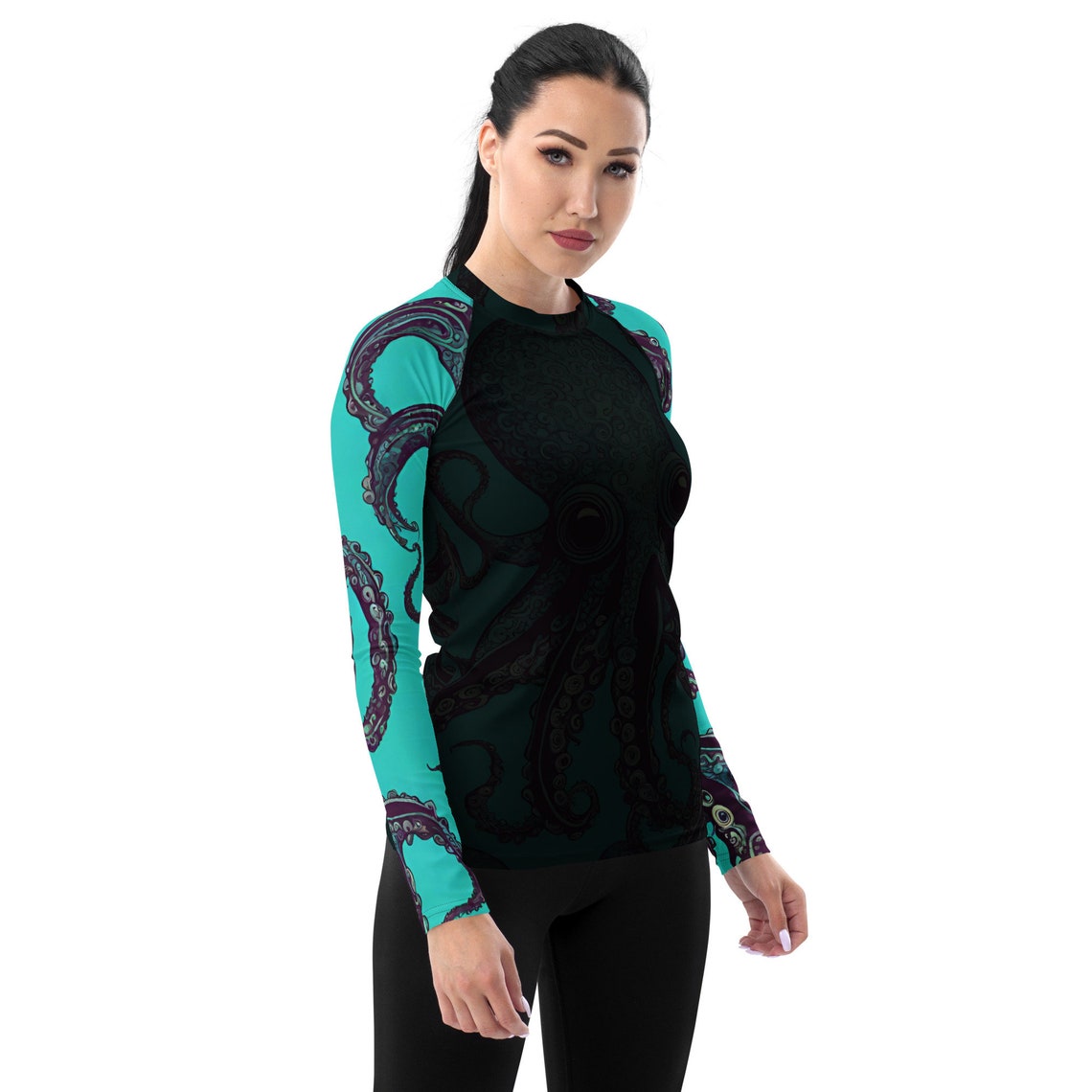 Black Rash Guard, Octopus Rash Guard, Women's Rash Guard, Swim Top ...