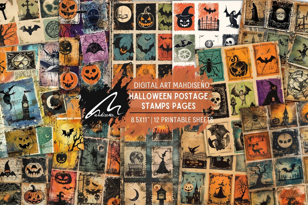 Grunge Halloween Postage Stamp Clipart Kit: Spooky Ephemera (digital ...