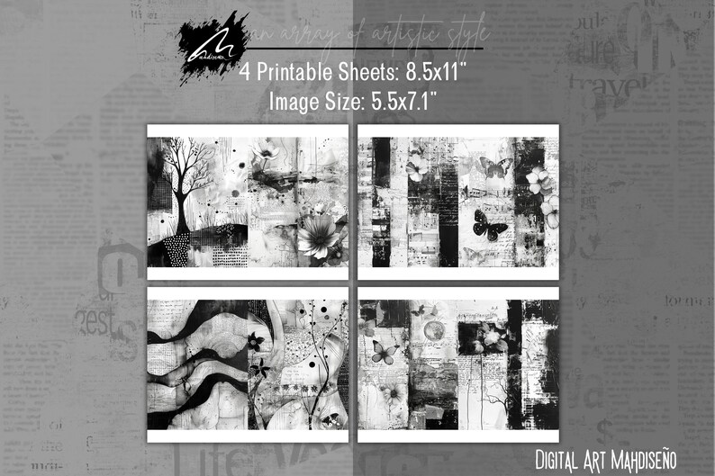 Black White Junk Journal Digital Paper Kit, Grayscale Mixed Media ...