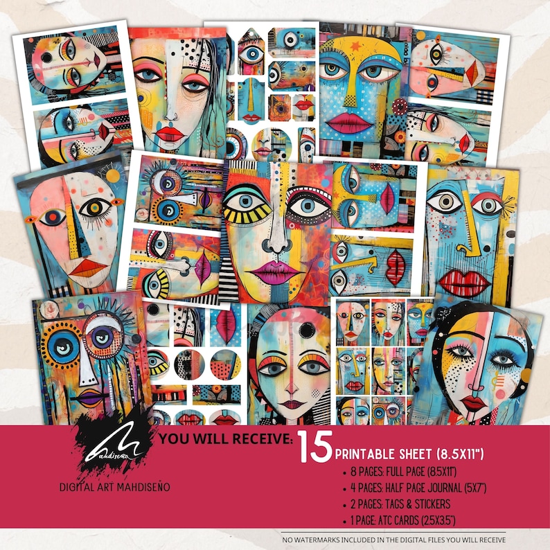 Abstract Face Collage Sheets: Expressionist Art, Junk Journal Supplies ...