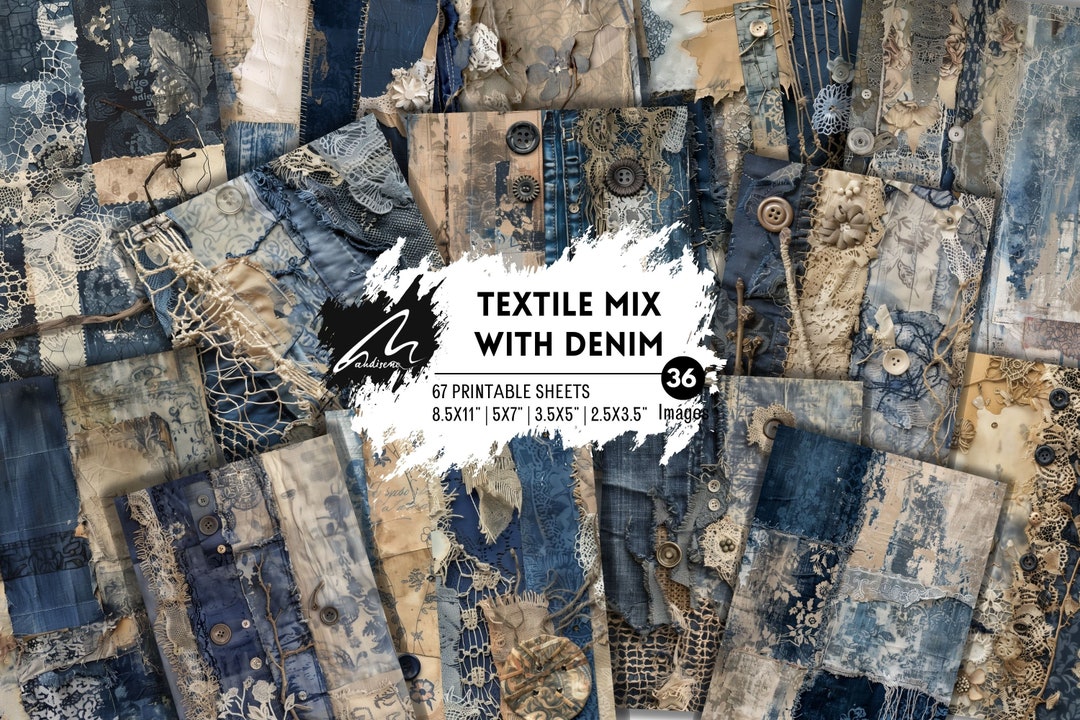 Shabby Chic Textile Mix With Denim, Junk Journal Pages, Digital ...