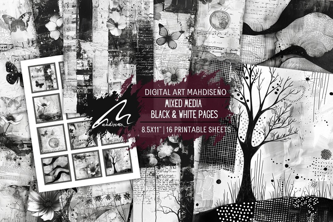 Black White Junk Journal Digital Paper Kit, Grayscale Mixed Media ...