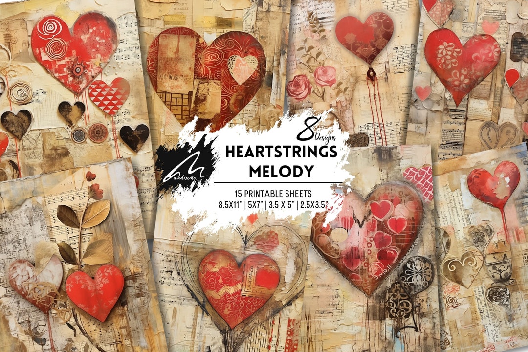 Heartstrings Melody, Junk Journal Pages, Heart Background, Grunge Pages, Mixed Media, Distressed ...