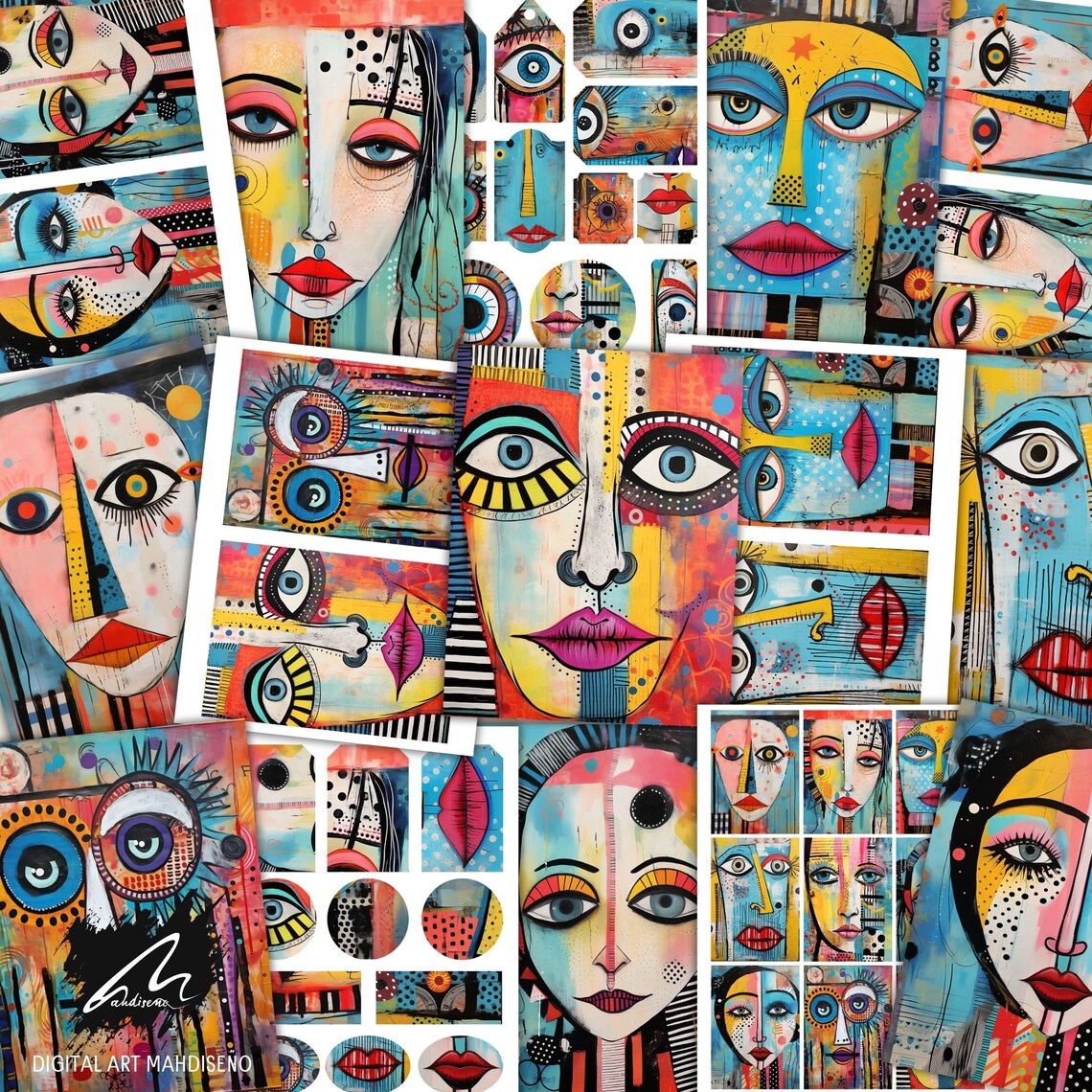 Abstract Face Collage Sheets: Expressionist Art, Junk Journal Supplies ...