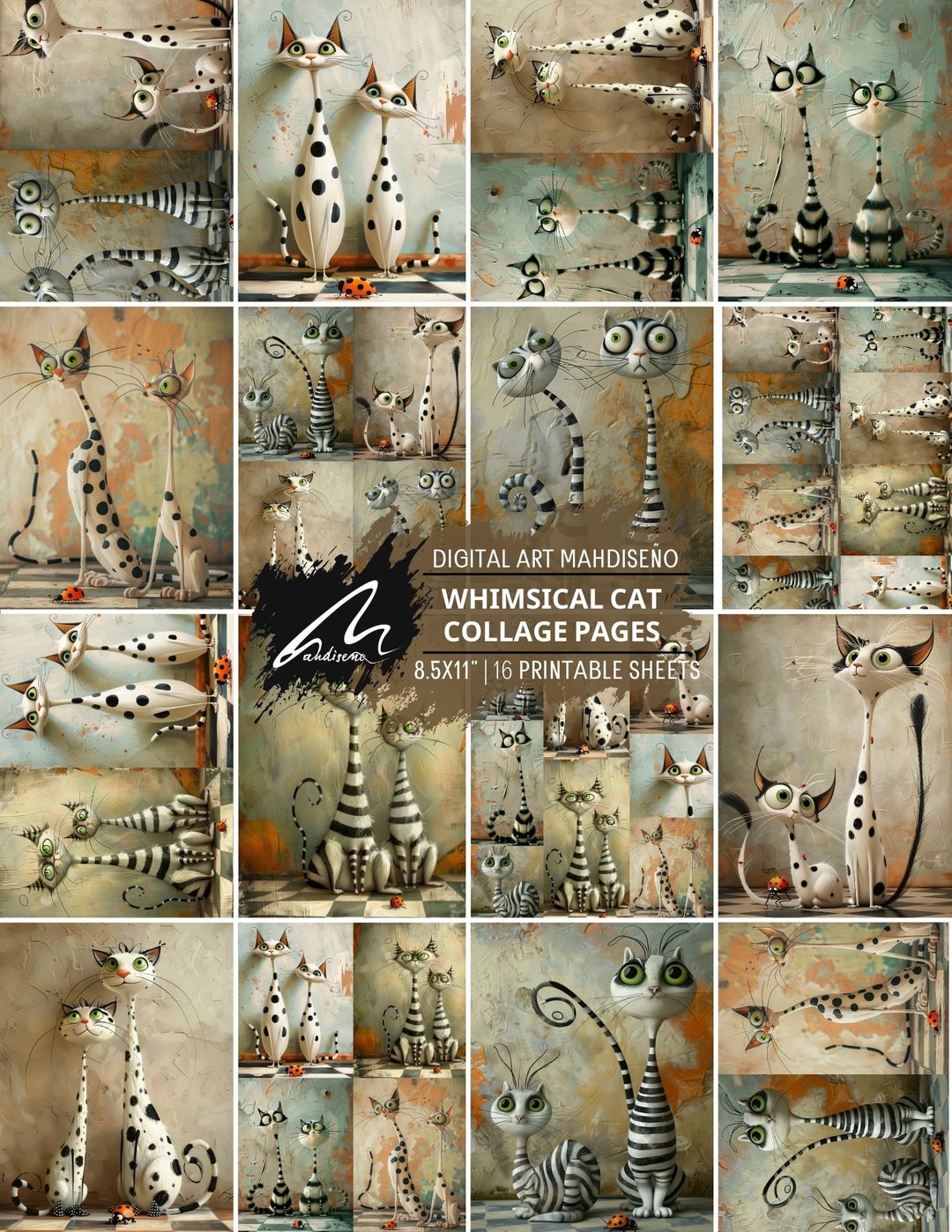 Curious Cat Companions - Whimsical Feline Art Printable Surreal Junk ...