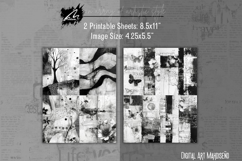 Black White Junk Journal Digital Paper Kit, Grayscale Mixed Media ...