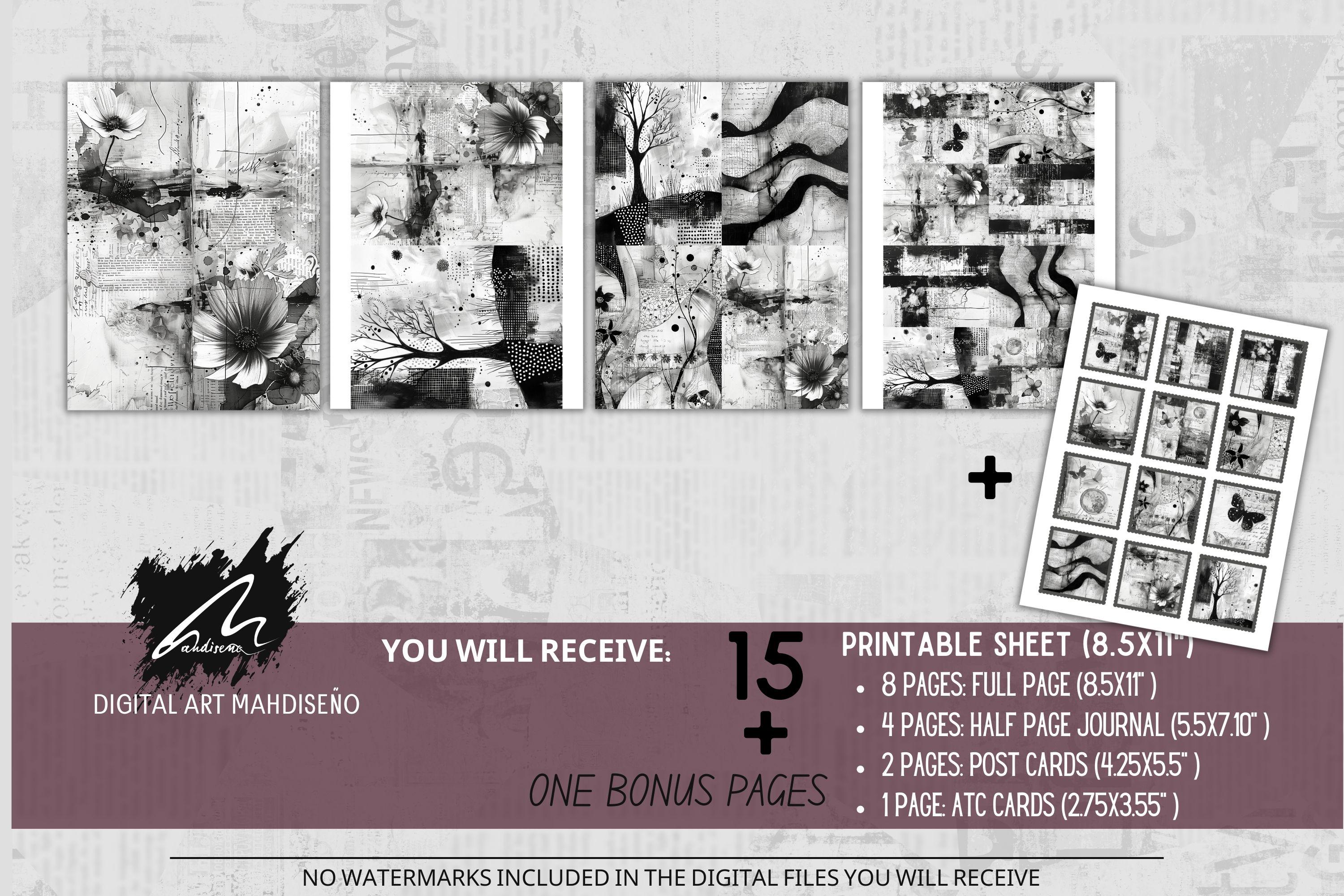 Black White Junk Journal Digital Paper Kit, Grayscale Mixed Media ...