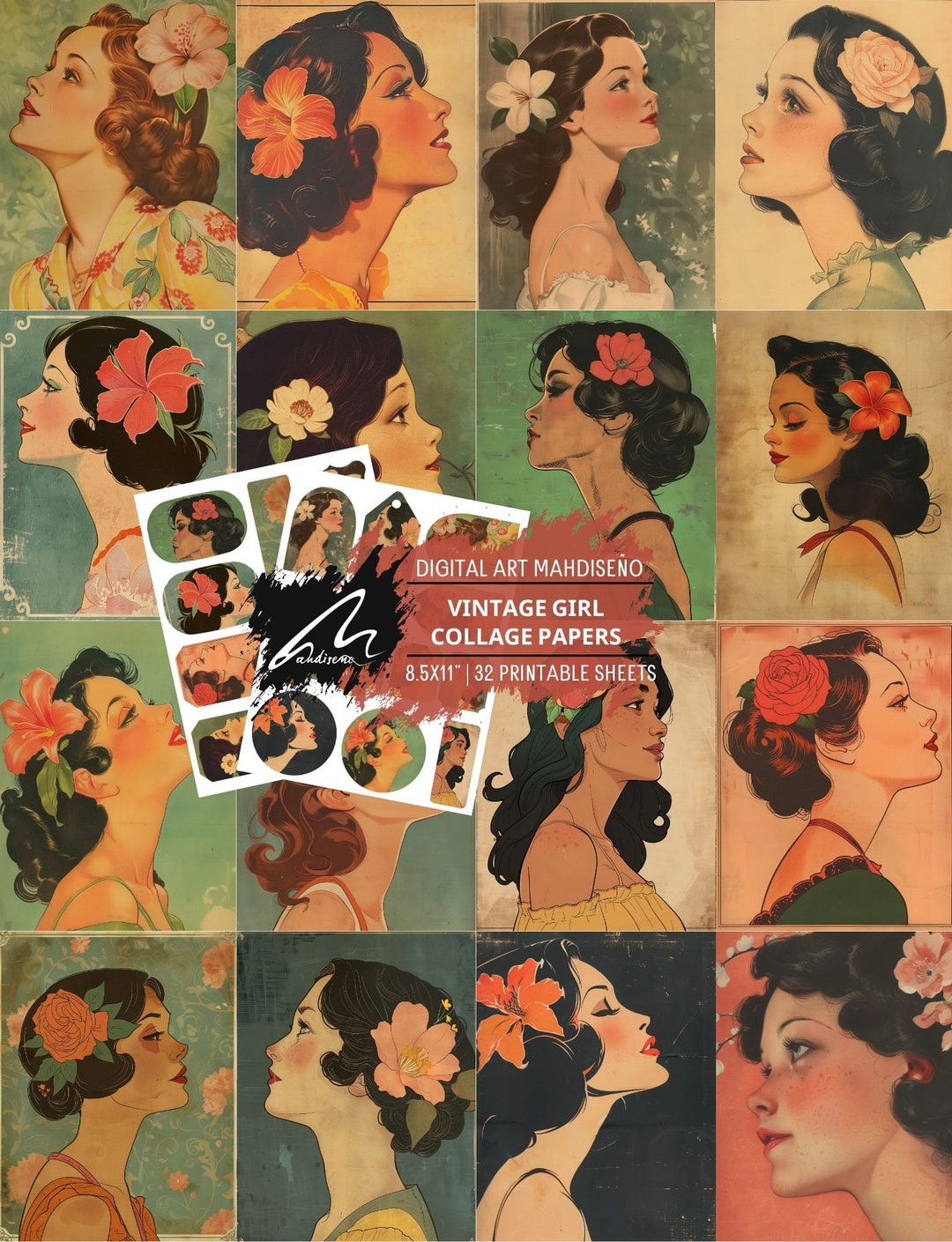 Vintage Pin-up Portrait Collage Sheets: Retro Ephemera Set (digital ...