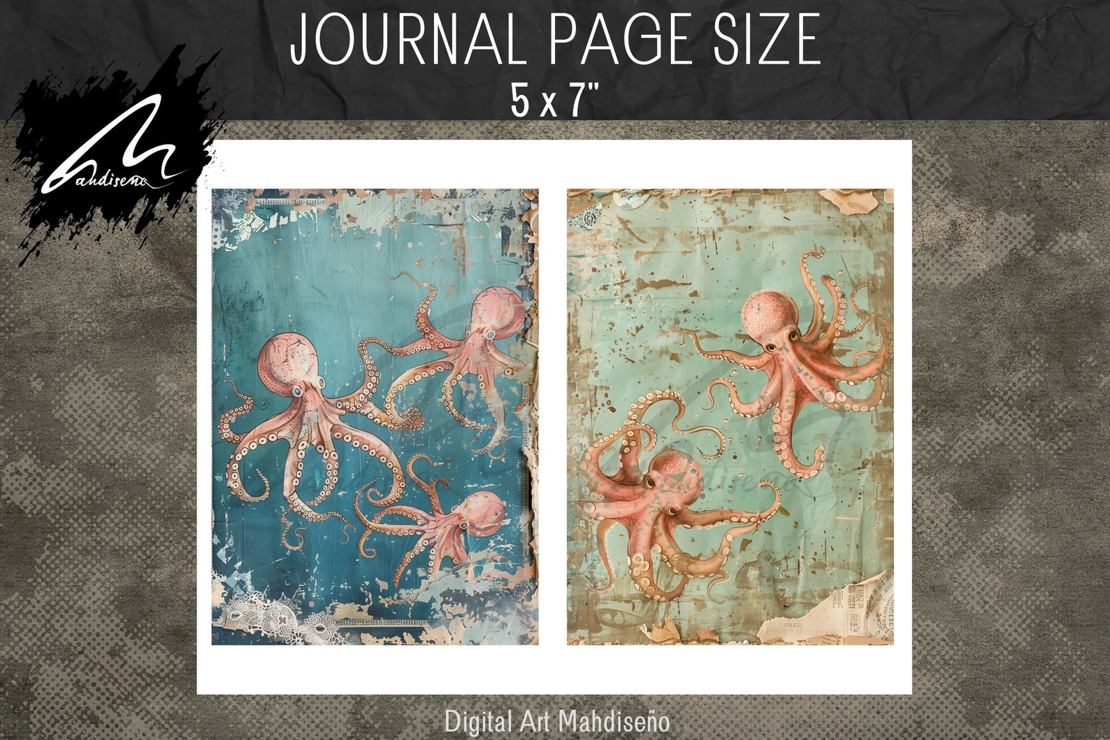 Shabby Grunge Octopus Collage Paper Mixed Media Digital Art PRINTABLE ...