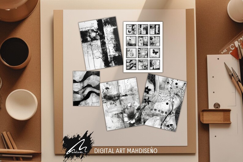 Black White Junk Journal Digital Paper Kit, Grayscale Mixed Media ...