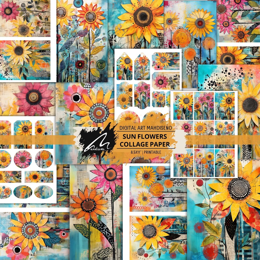 Sunflower Bloom Digital Art Paper, Eclectic Floral Mixed Media, Boho ...
