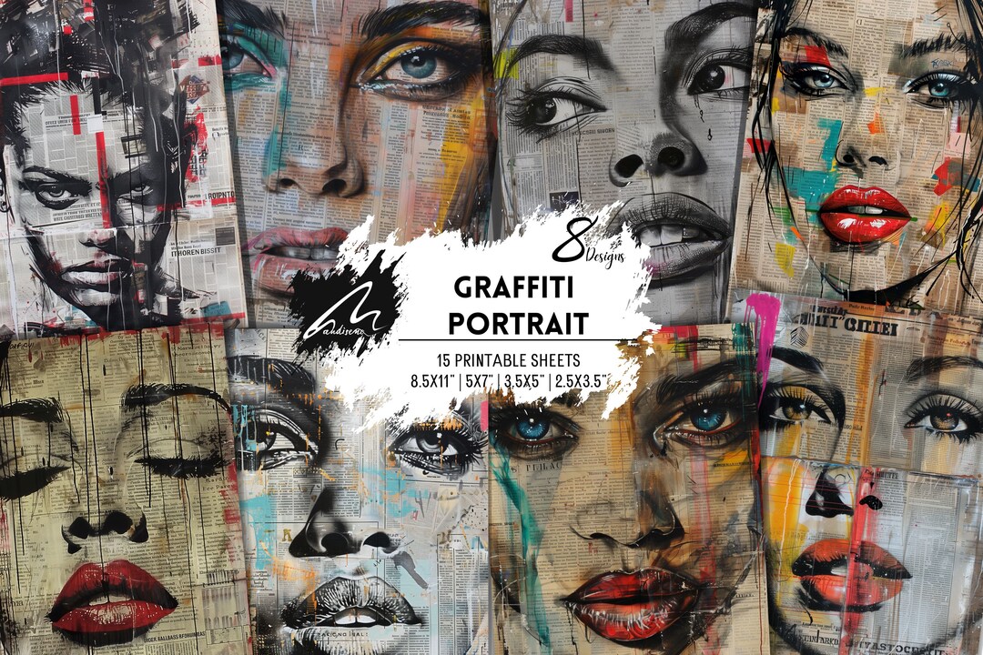 Graffiti Portrait, Newspaper Junk Journal Pages, Ephemera Kit ...