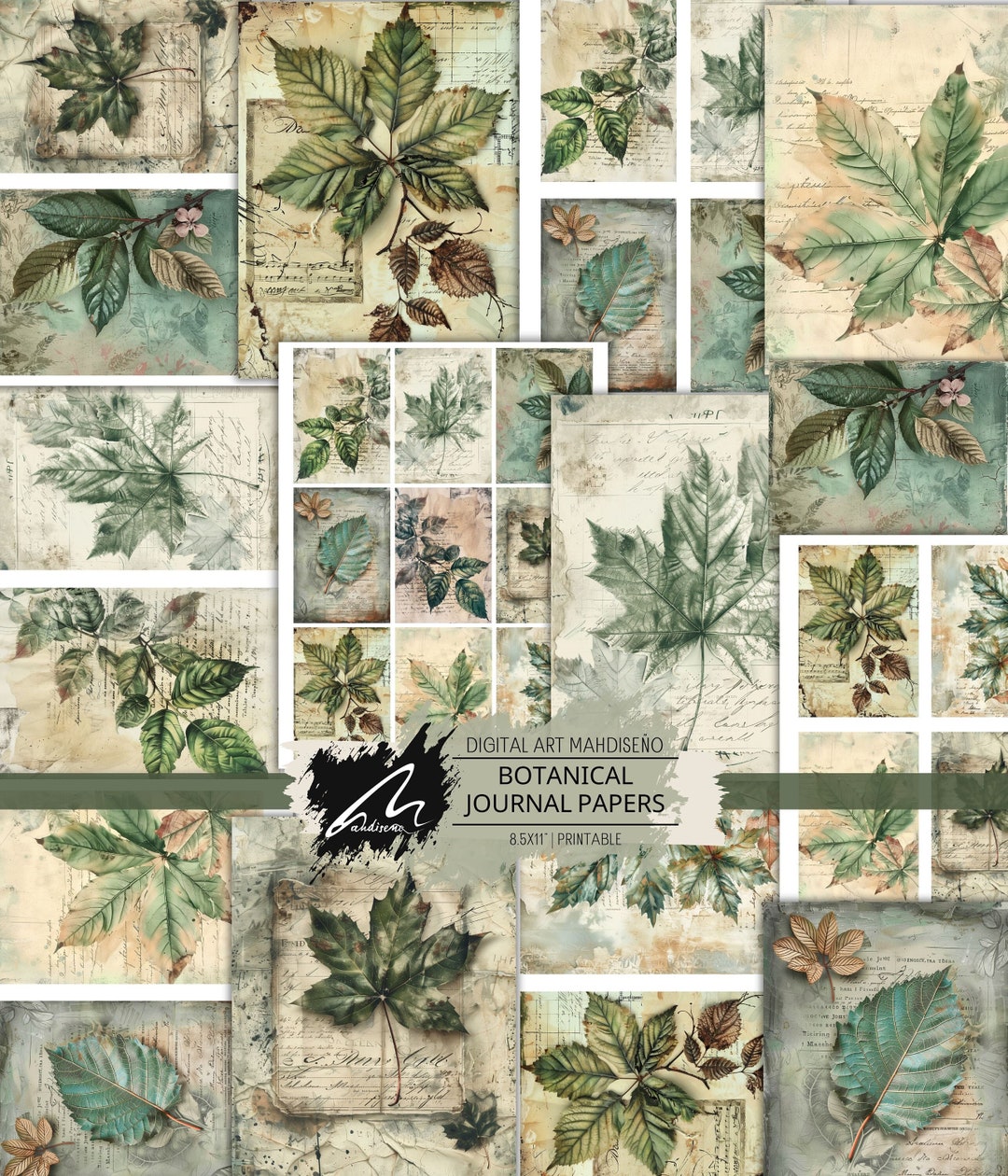 Vintage Botanical Collage Digital Papers: Antique Leaf-themed Junk ...