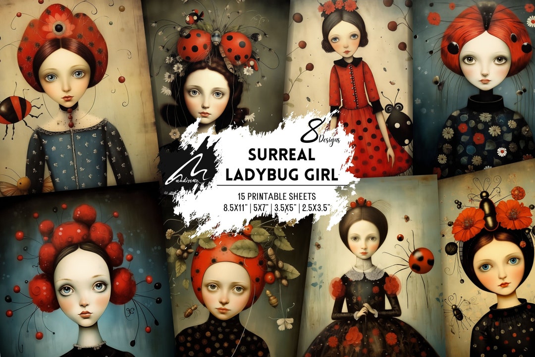 Whimsical Ladybug Girl, Collage Paper, Surreal Portrait, Junk Journal ...
