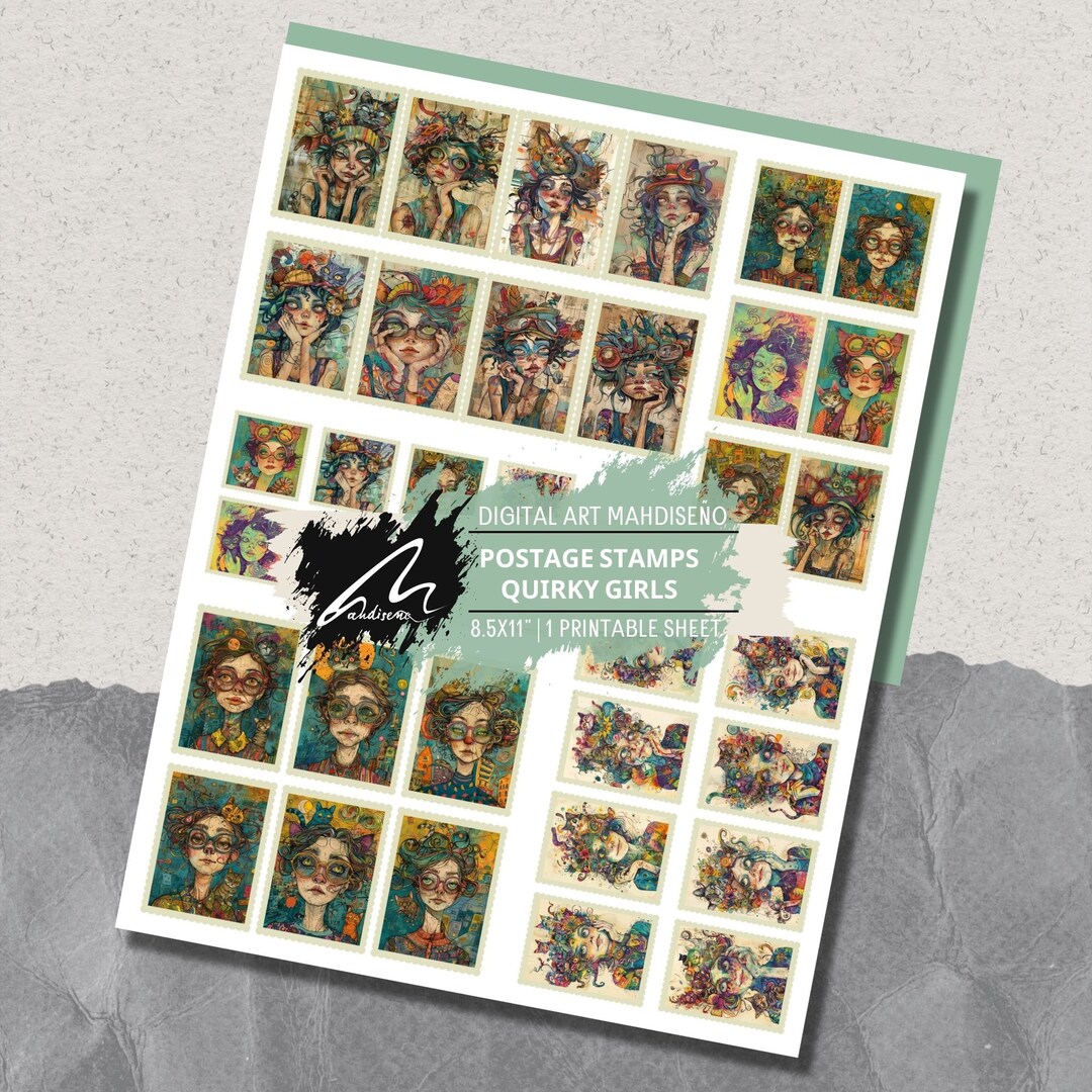 Quirky Girls Postage Stamps, Printable Stamps, Whimsical Stamps, Junk ...