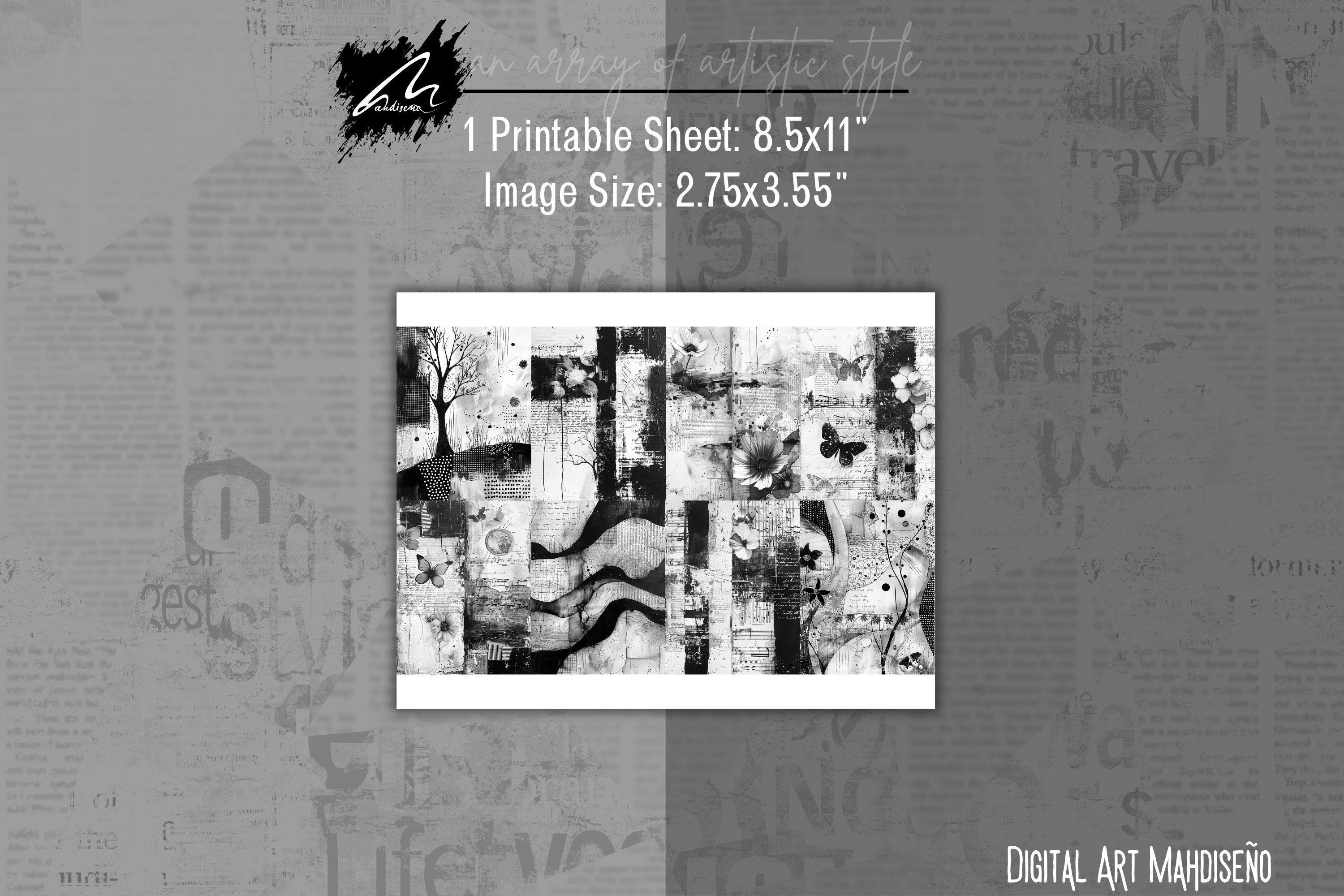 Black White Junk Journal Digital Paper Kit, Grayscale Mixed Media ...