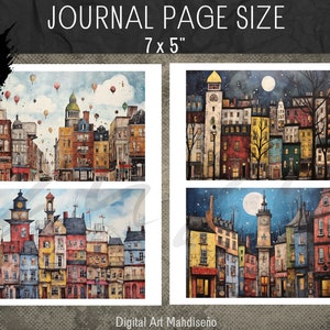 Whimsical Cityscape Junk Journal Digital Paper, Mixed Media Town ...