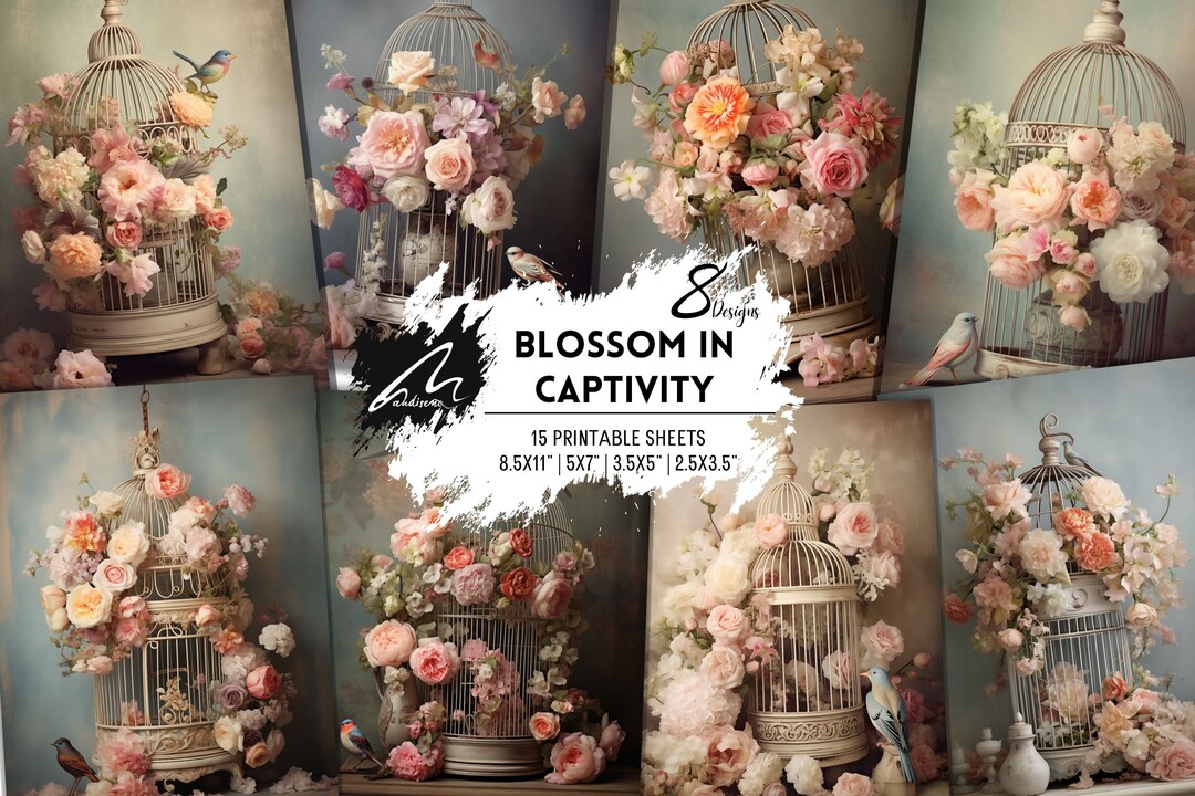 Blossom in Captivity: Dreamy Birdcage Floral Background Digital Art ...
