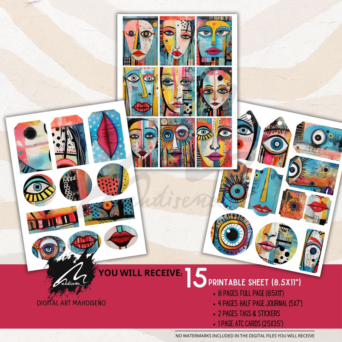 Abstract Face Collage Sheets: Expressionist Art, Junk Journal Supplies ...