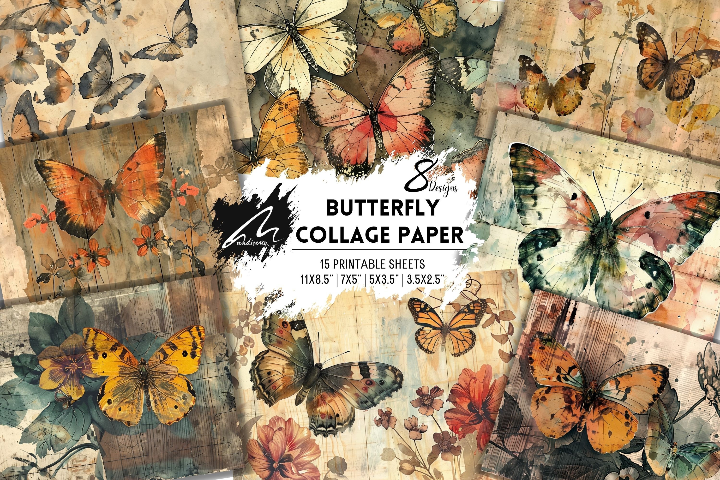 Butterfly Collage Paper Vintage Watercolor Digital Art Printable Junk ...