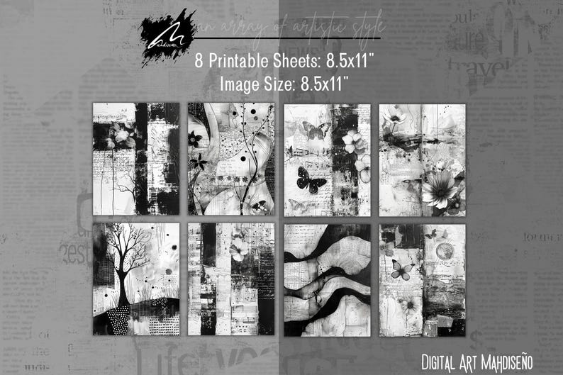 Black White Junk Journal Digital Paper Kit, Grayscale Mixed Media ...