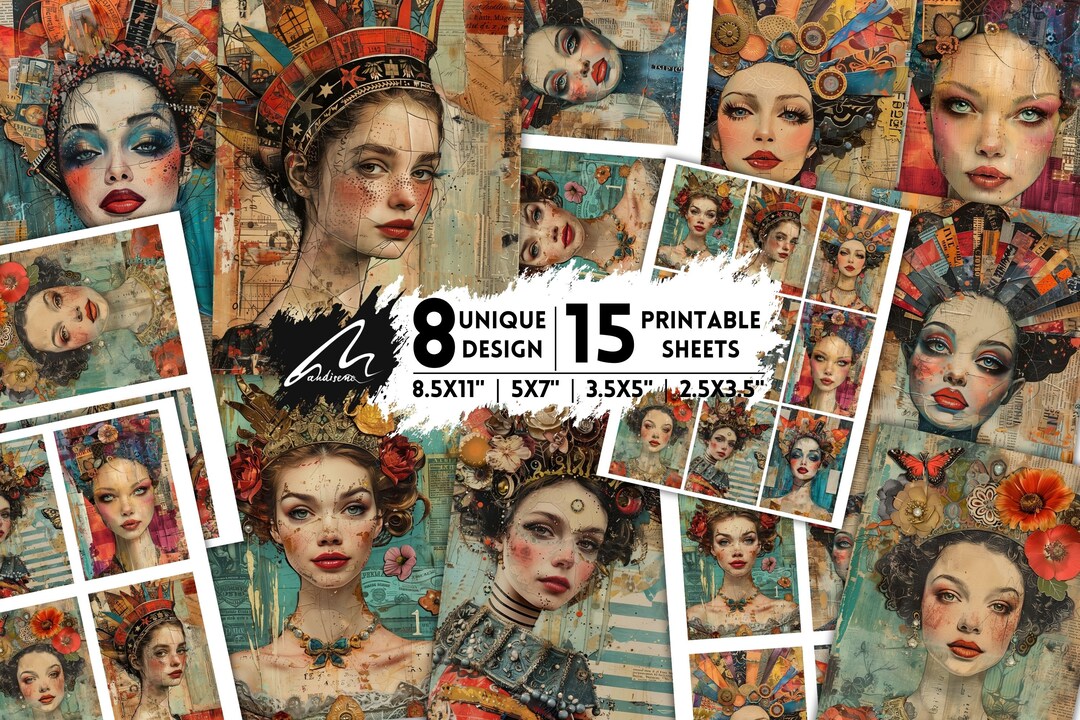 Mixed Media Queen Portrait Collage Sheets – Digital Junk Journal Pages ...