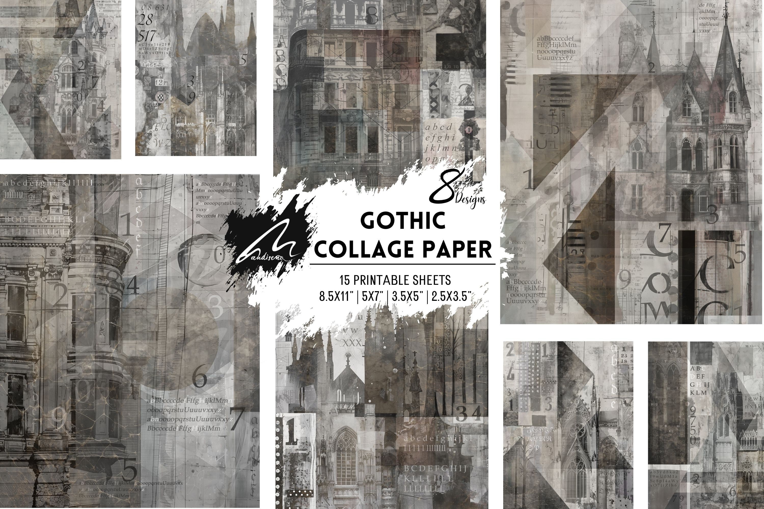 Gothic Typography Junk Journal Pages, Collage Paper, Architectural ...