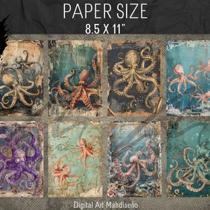 Shabby Grunge Octopus Collage Paper Mixed Media Digital Art PRINTABLE ...