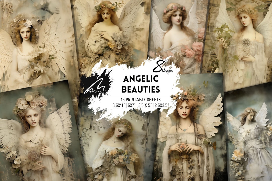 Angelic Beauties, Shabby Chic Floral Angel Portraits, Digital Printable ...