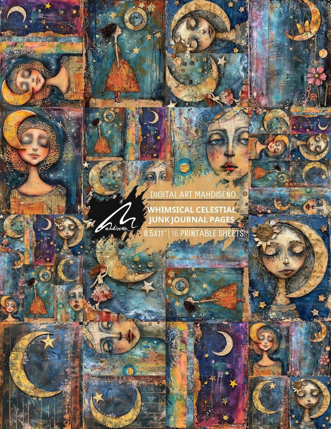 Whimsical Celestial Junk Journal Pages, Printable Kit, Mixed Media ...