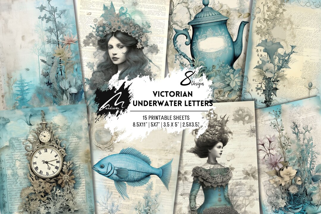 Victorian Underwater Letters Blue Shabby Chic Digital Art PRINTABLE ...