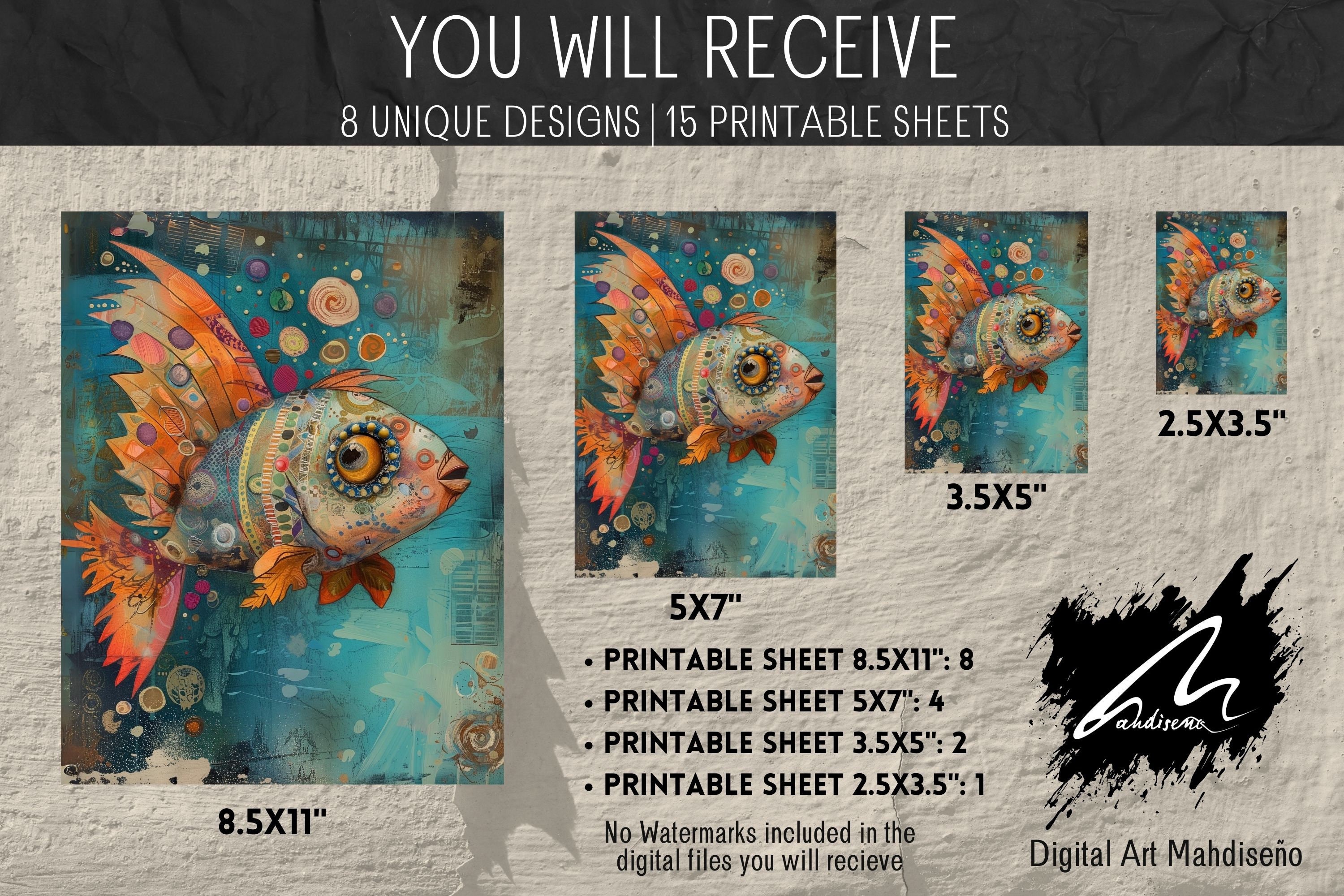 Cute Colorful Fish Papers, Mixed Media Junk Journal Pages, Whimsical ...