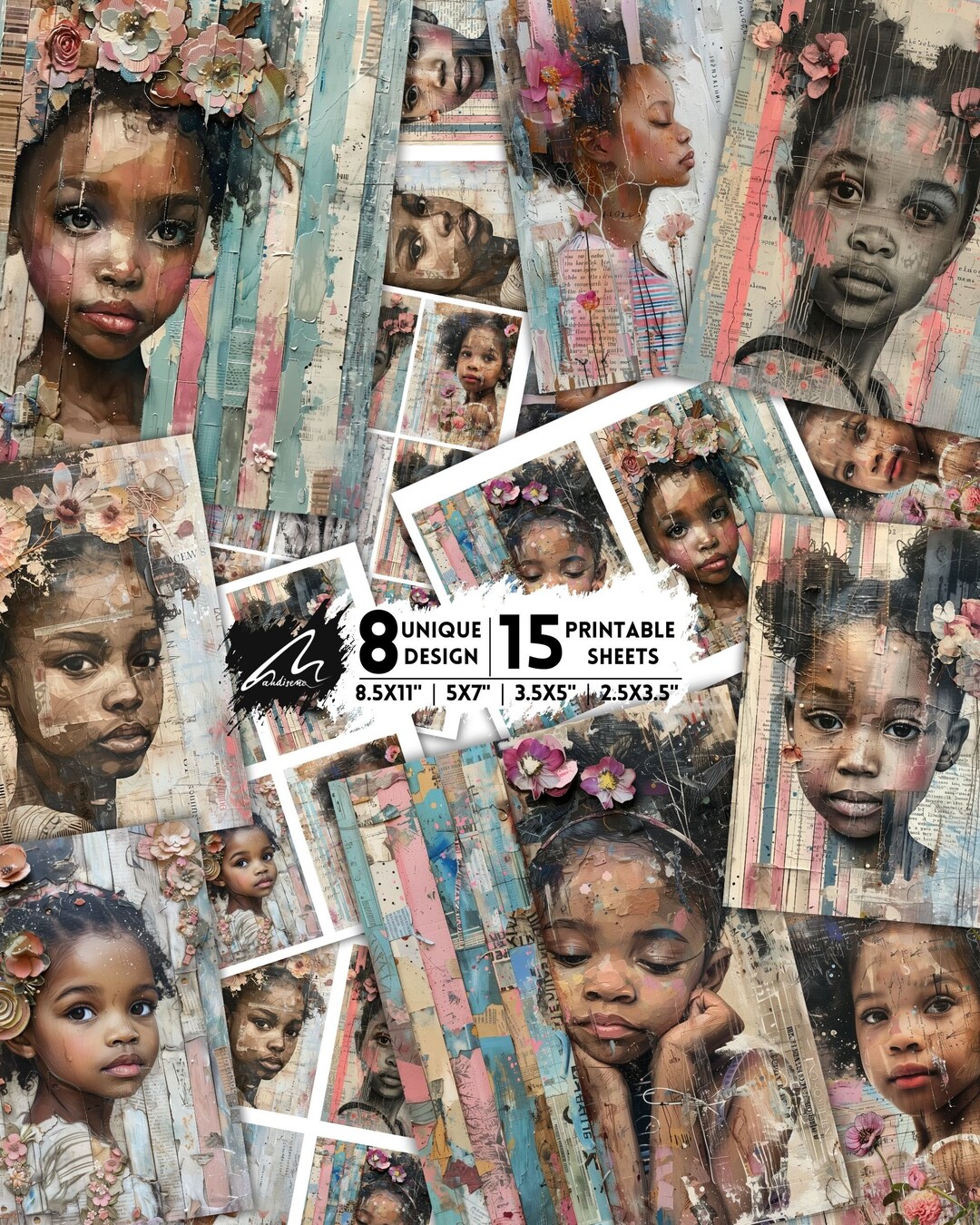 African Girl Portrait Digital Paper: Floral Collage Sheets (digital ...