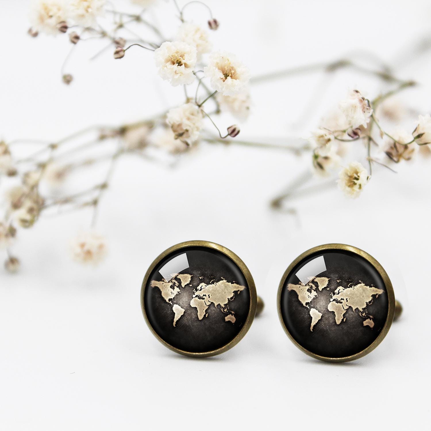 Antique World Map Cufflinks, Earth Globe Cufflinks, Travel Cufflinks, Vintage Black Map ...