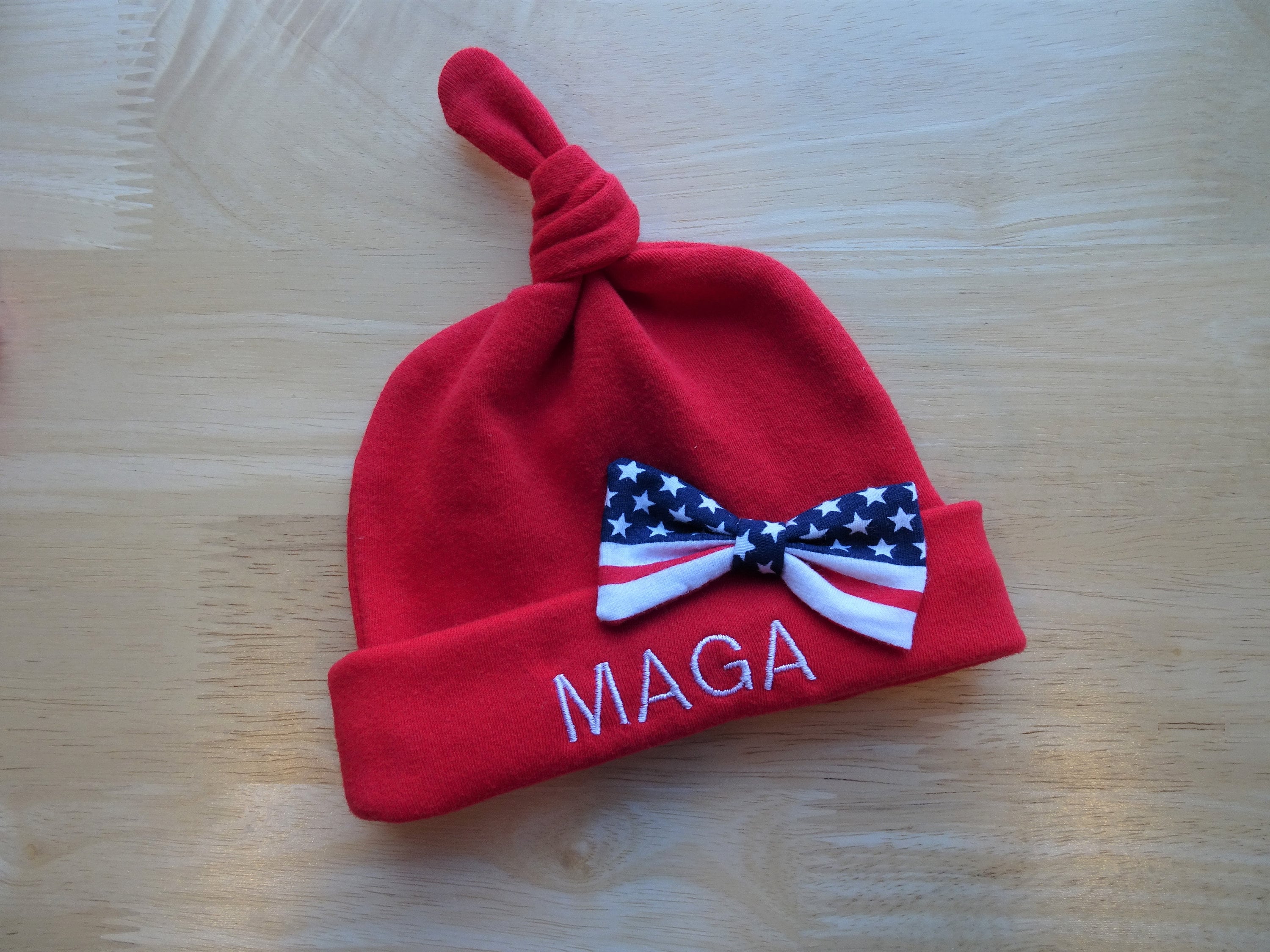 MAGA Baby Hat, 0-6m, 6-12m, Red Top Knot Hat, Embroidered, Republican ...
