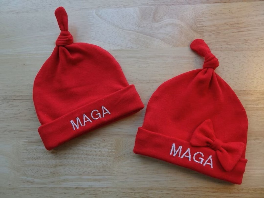 MAGA Baby Hat, 0-6m, 6-12m, Red Top Knot Hat, Embroidered, Republican ...