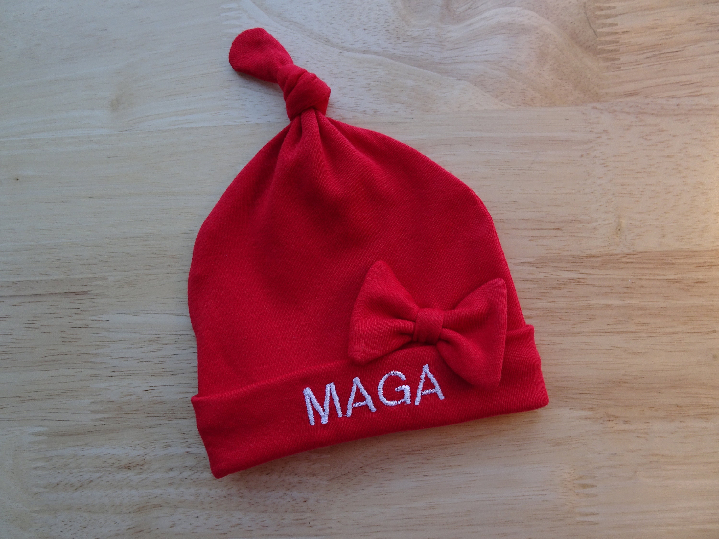 MAGA Baby Hat, 0-6m, 6-12m, Red Top Knot Hat, Embroidered, Republican ...