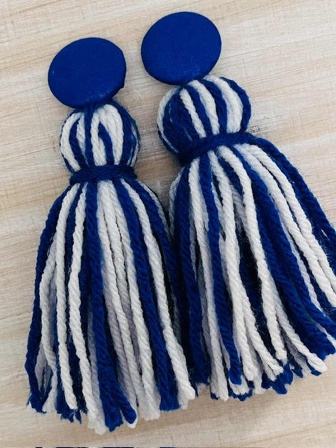True Blue Handmade Button & Yarn Tassel Earrings - Etsy